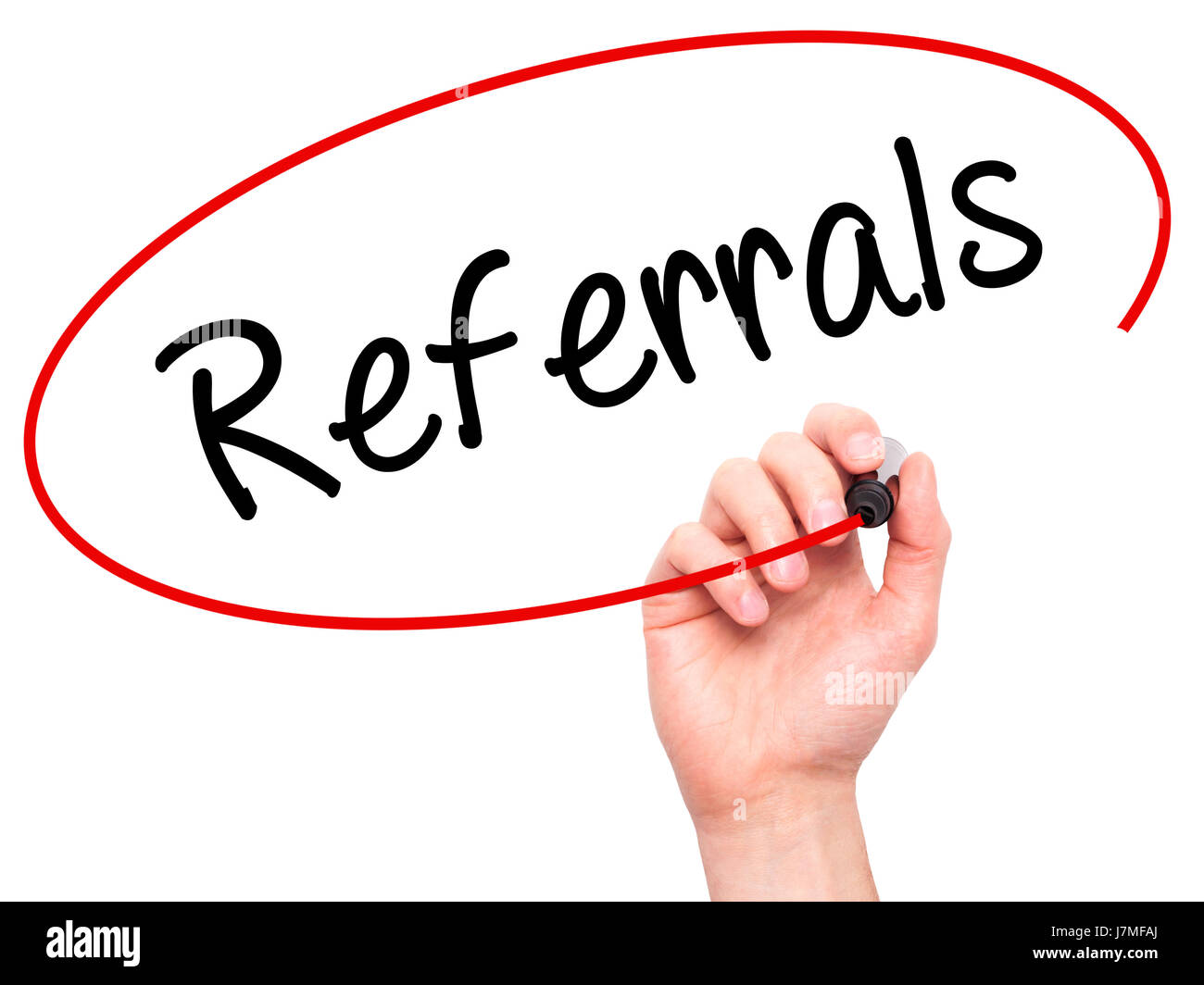 Man Hand writing Referrals with black marker on visual screen. Isolated ...