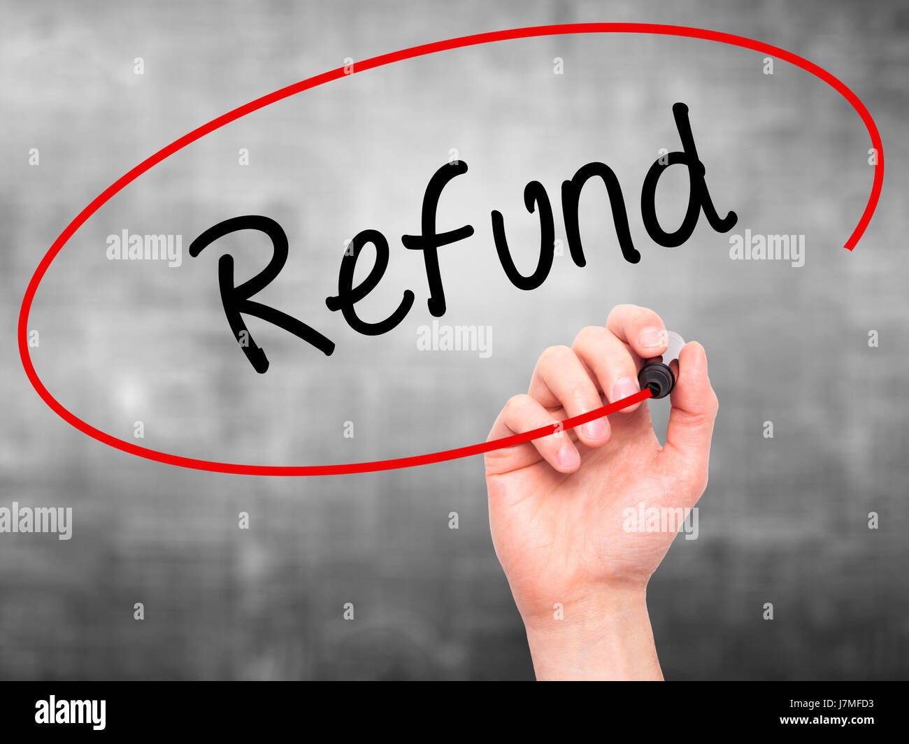 Man Hand writing Refund with black marker on visual screen. Isolated on ...