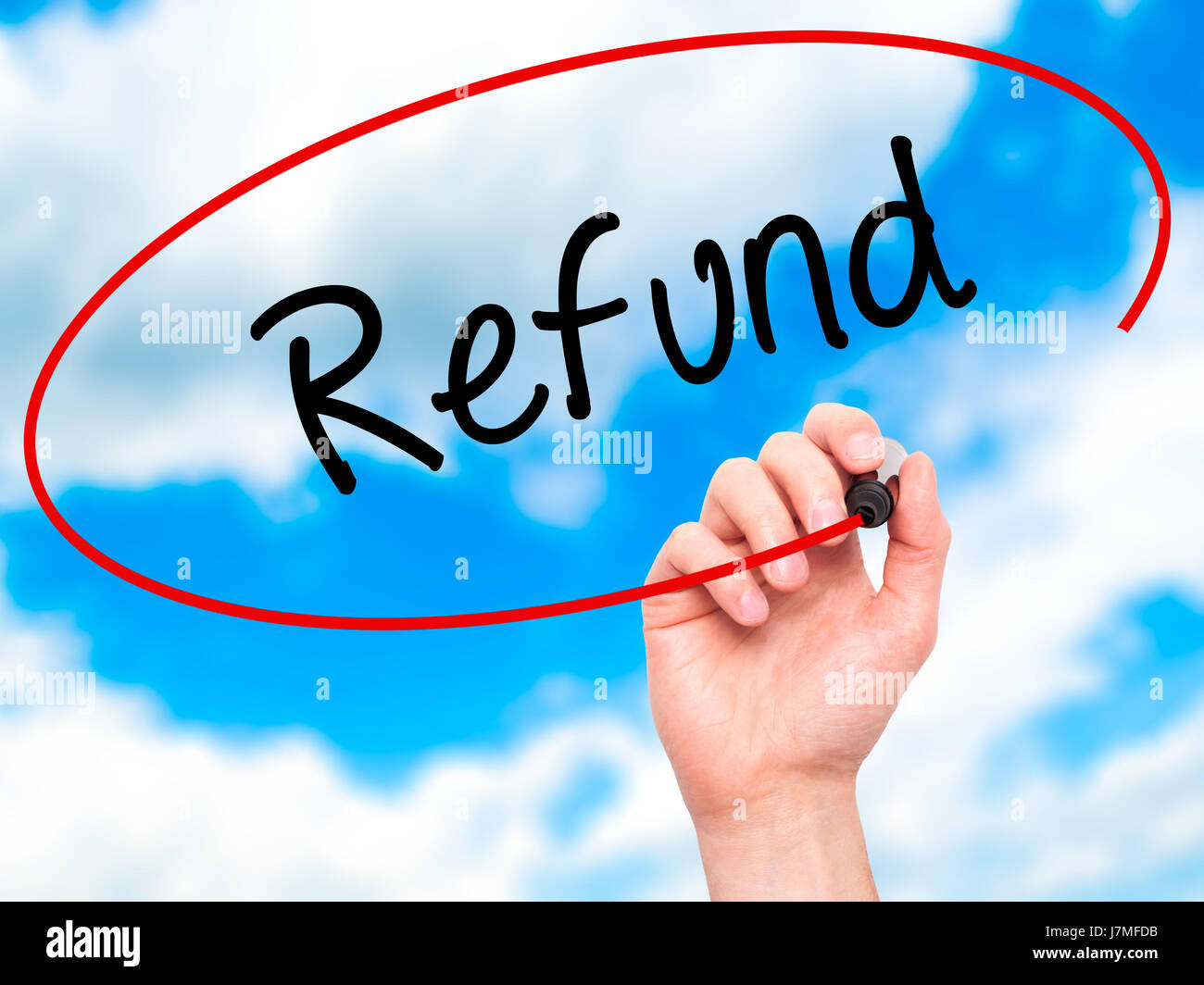 Man Hand writing Refund with black marker on visual screen. Isolated on ...