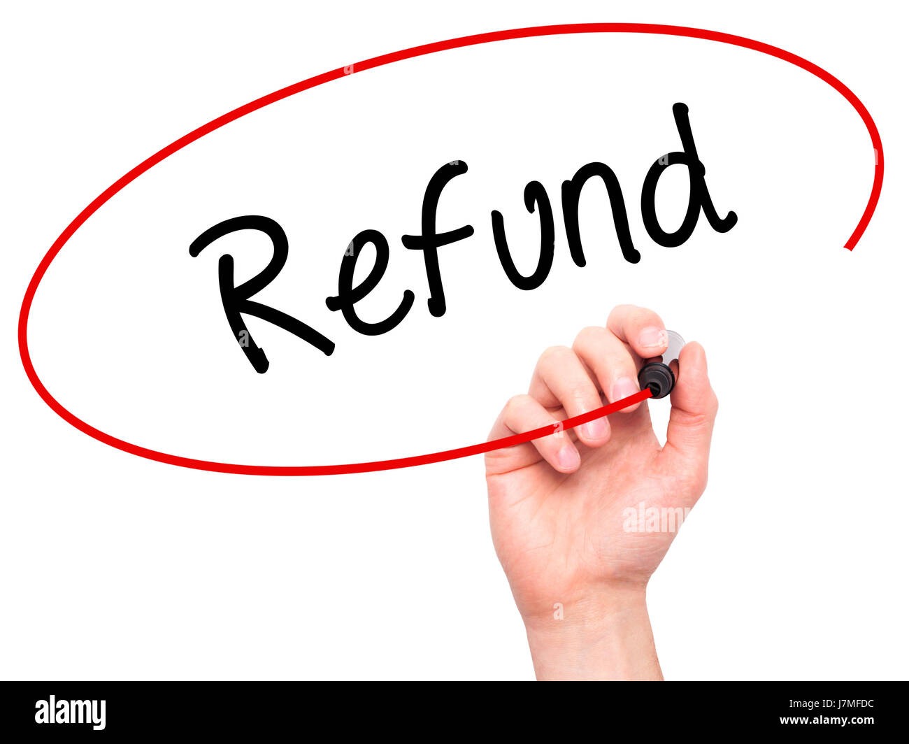 Man Hand writing Refund with black marker on visual screen. Isolated on ...