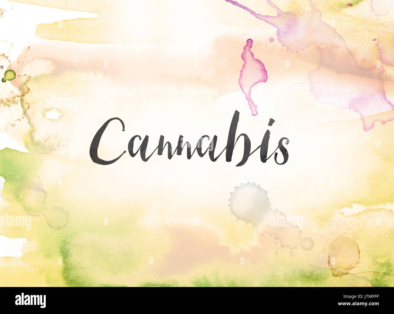 The word Cannabis concept and theme written in black ink on a colorful ...