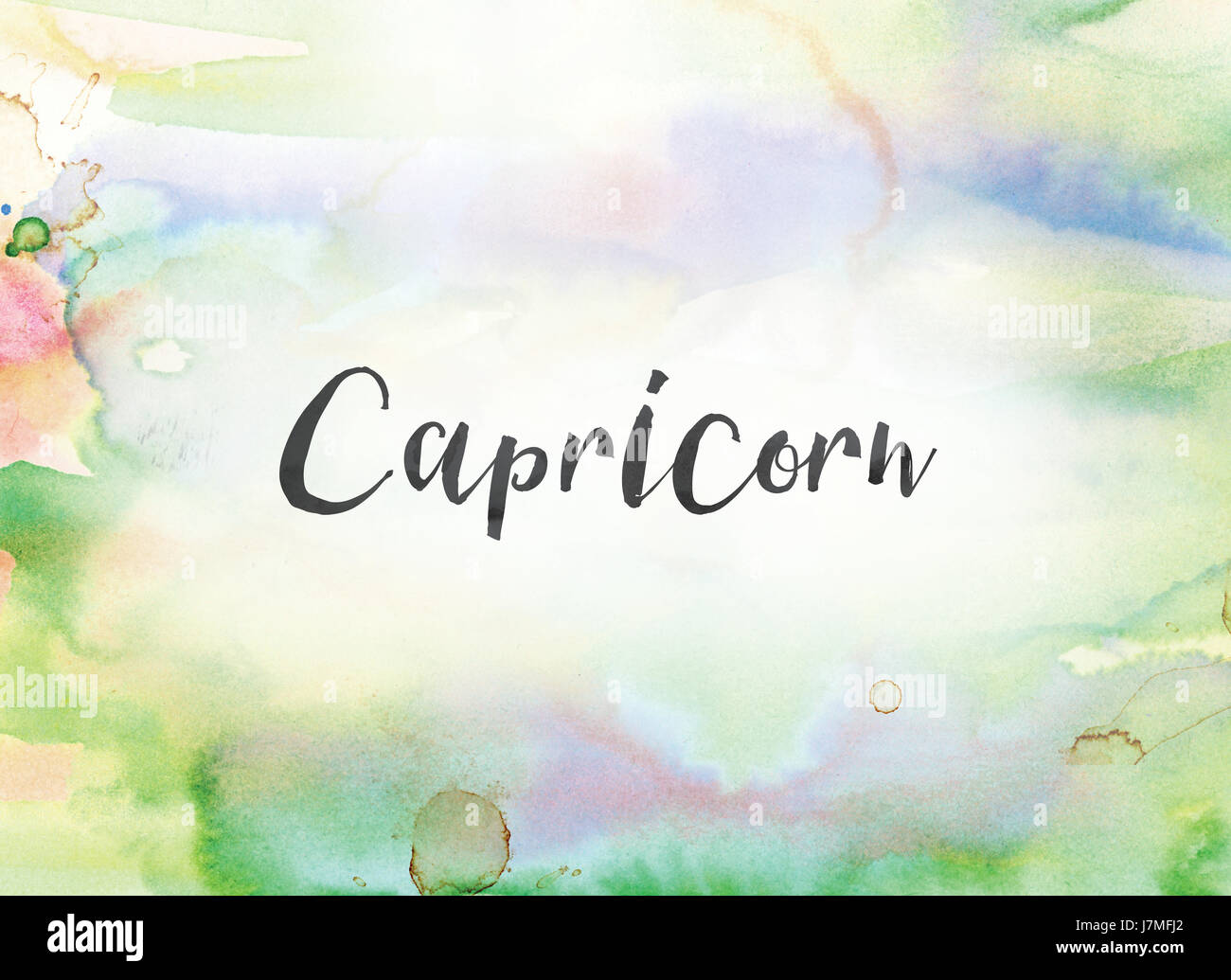 The word Capricorn concept and theme written in black ink on a colorful ...