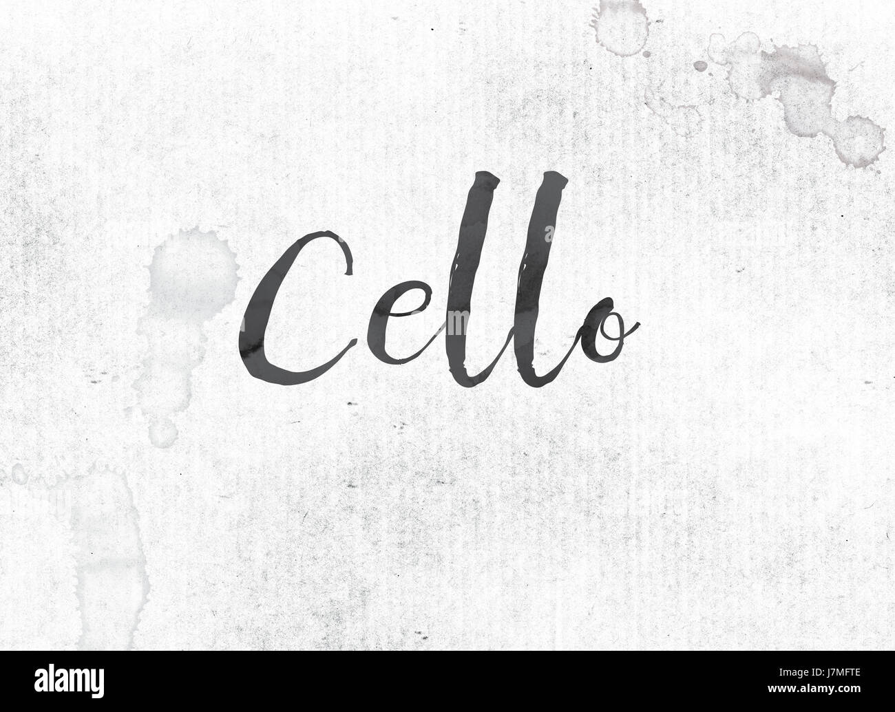 The word Cello concept and theme painted in black ink on a watercolor ...