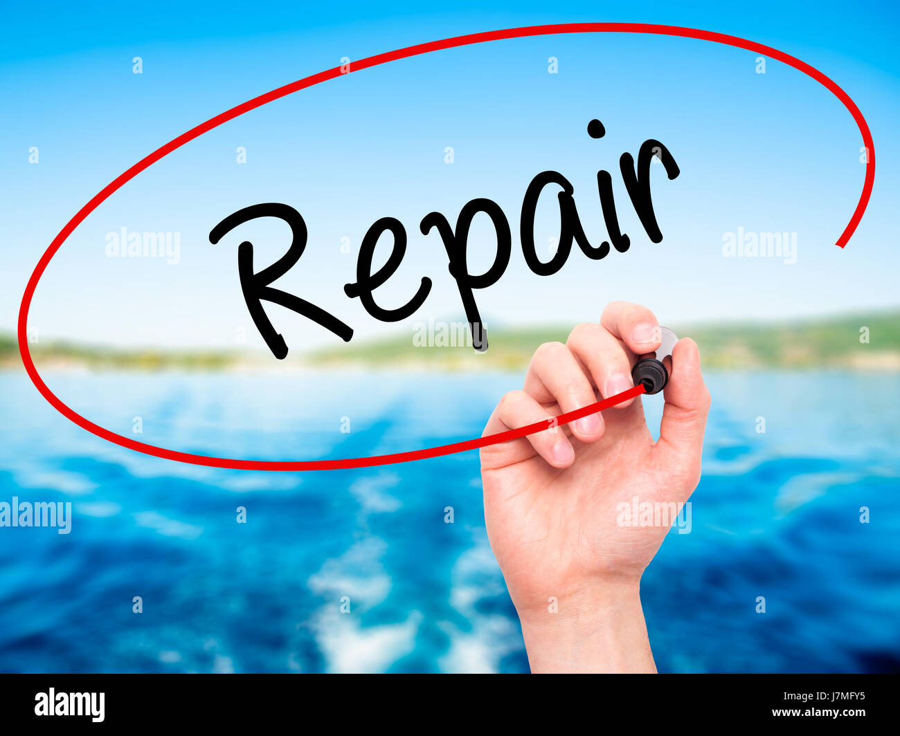 Man Hand writing Repair with black marker on visual screen. Isolated on ...