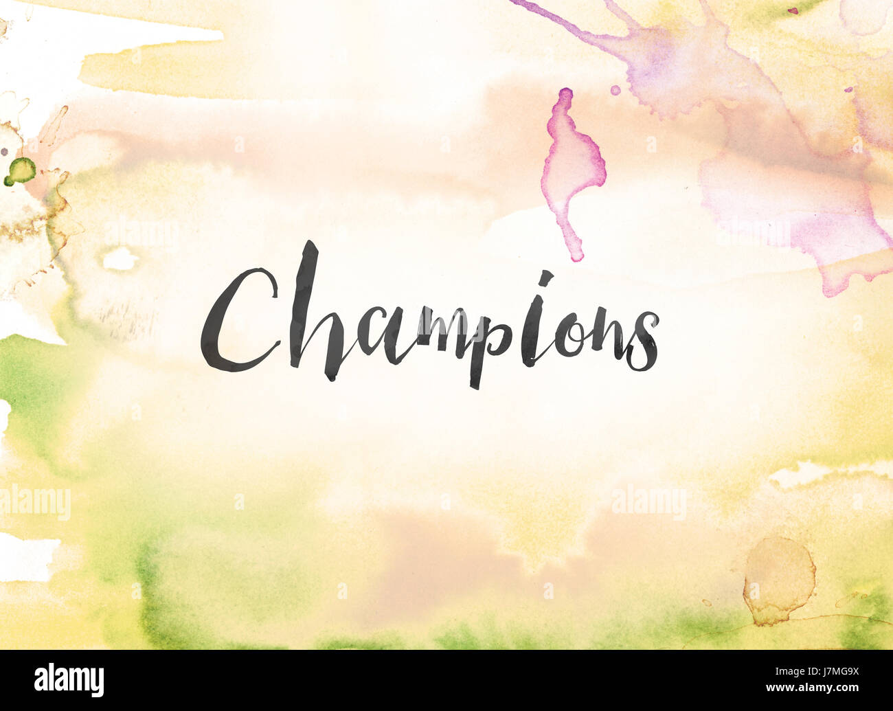 The word Champions concept and theme written in black ink on a colorful ...