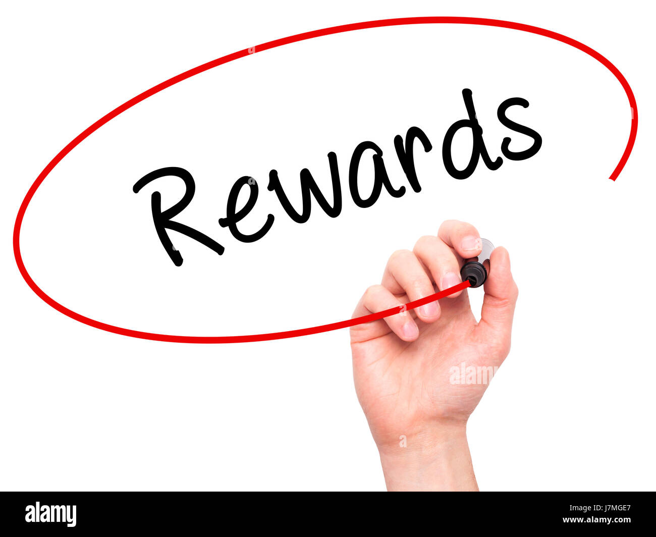 Man Hand writing Rewards with black marker on visual screen. Isolated ...
