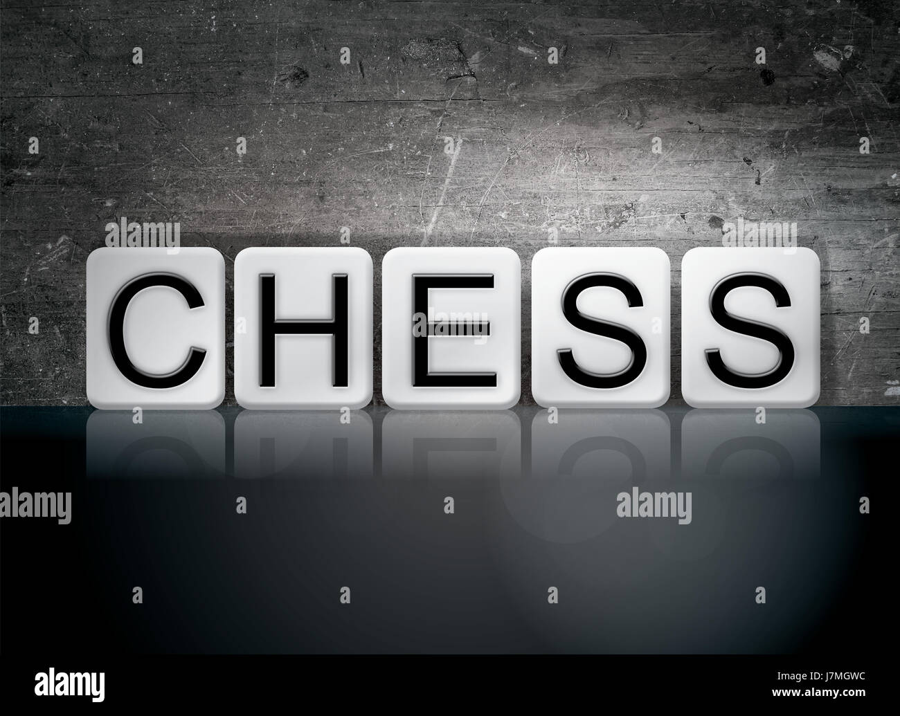 The word Chess concept and theme written in white tiles on a dark ...