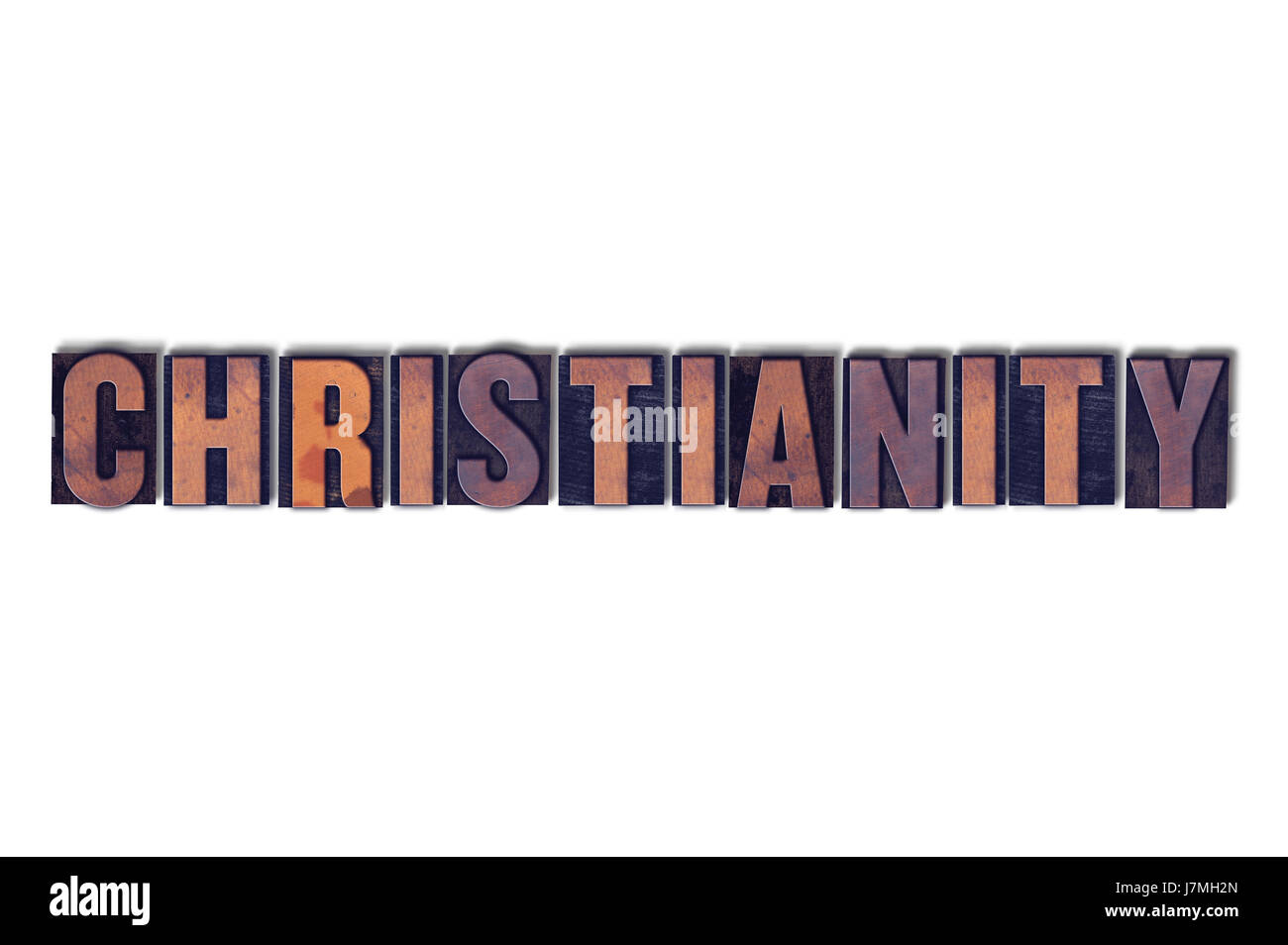 The word Christianity concept and theme written in vintage wooden ...