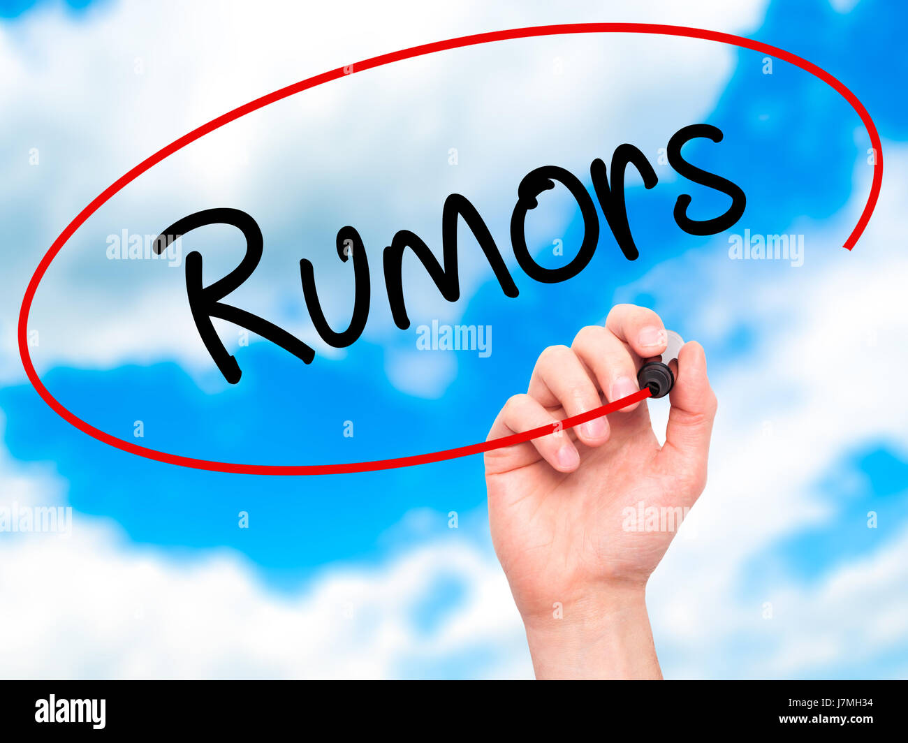 Man Hand writing Rumors with black marker on visual screen. Isolated on ...