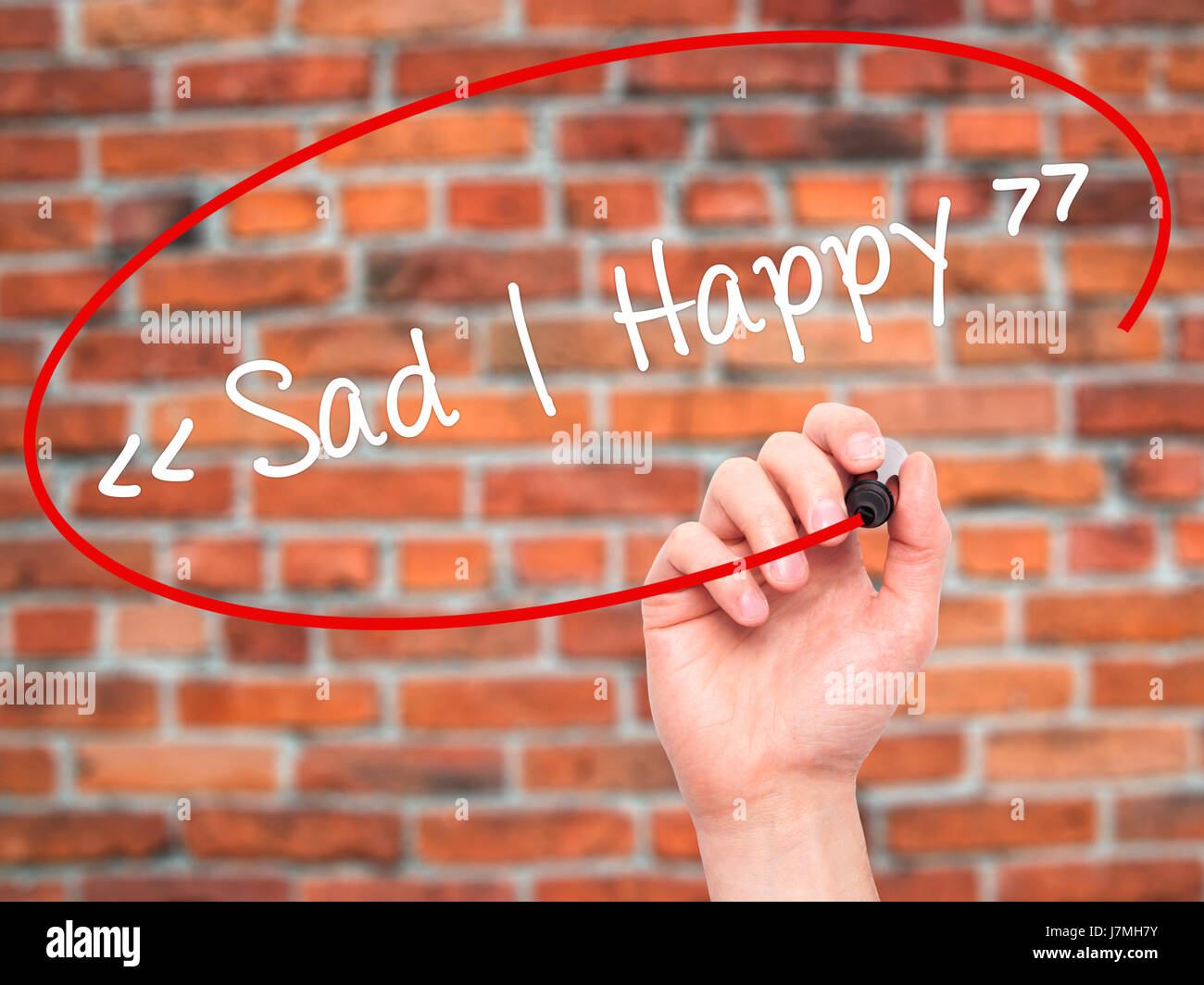 Man Hand writing Sad - Happy with black marker on visual screen ...