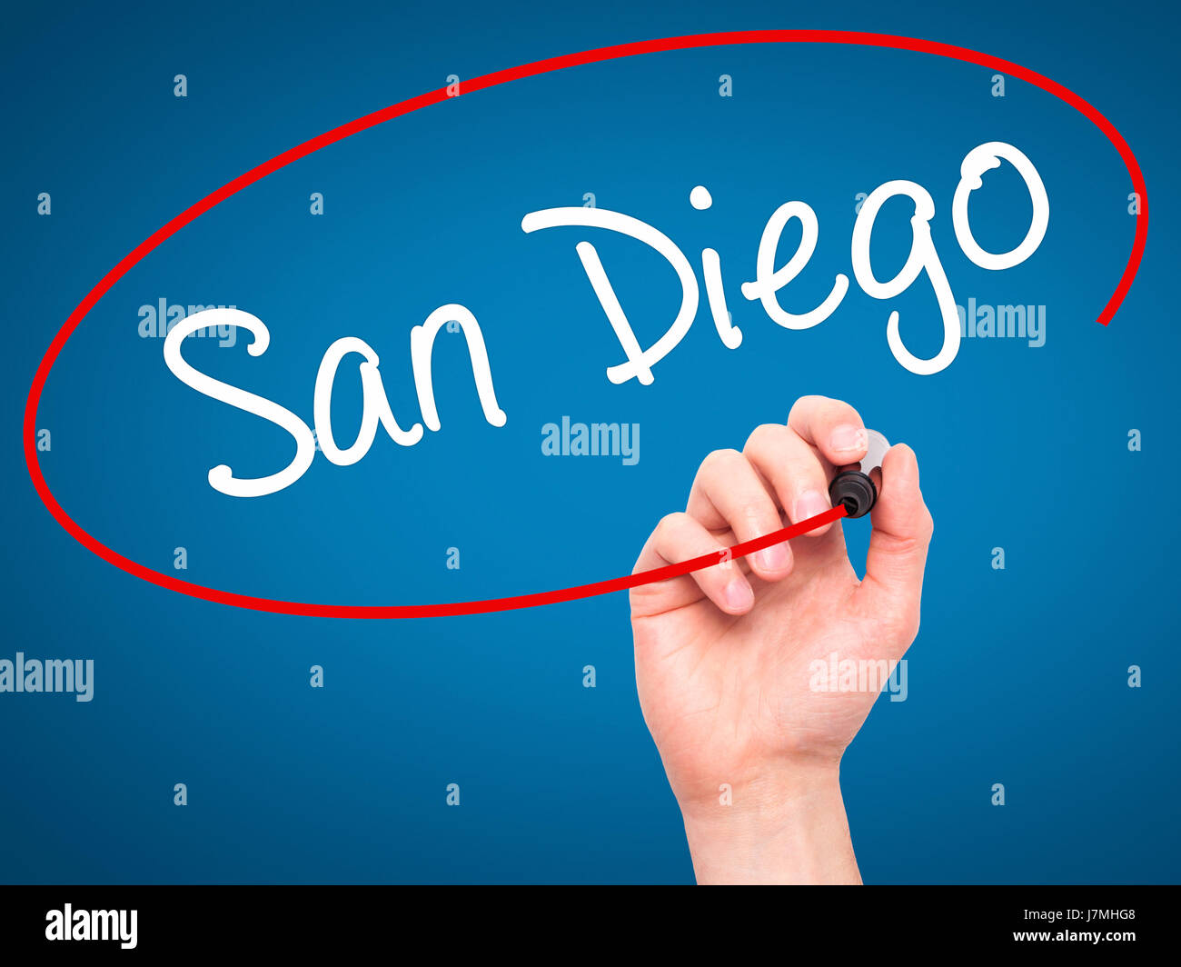 Man Hand writing San Diego with black marker on visual screen. Isolated ...