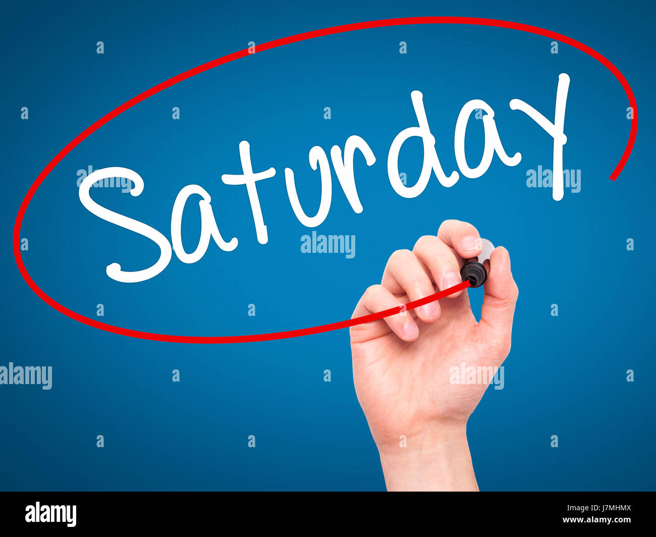 Man Hand writing Saturday with black marker on visual screen. Isolated ...