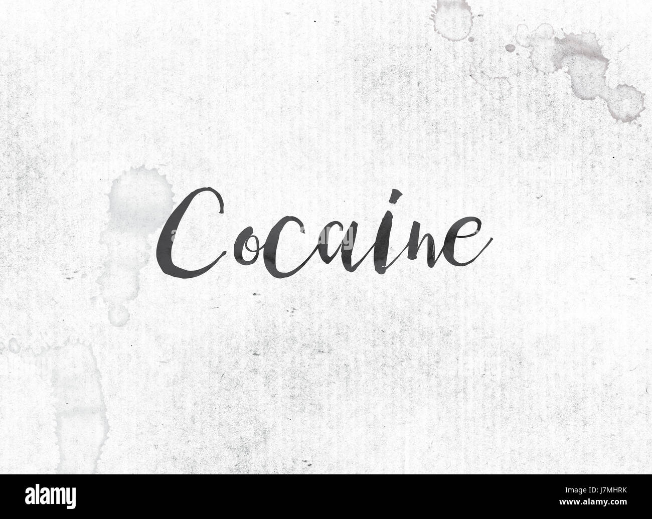 The word Cocaine concept and theme painted in black ink on a watercolor ...