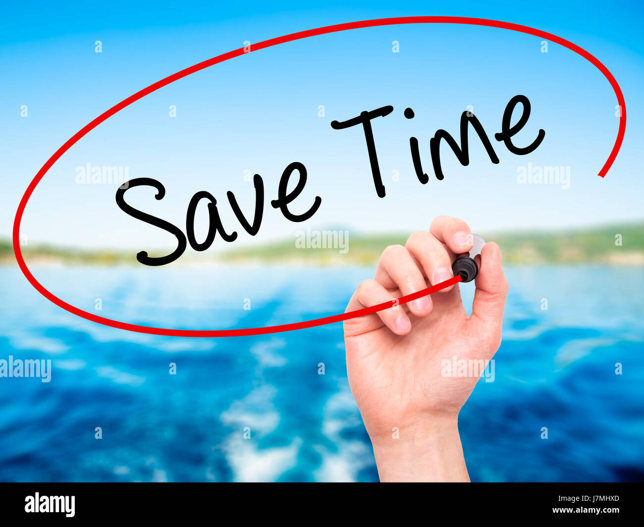 Man Hand writing Save Time with black marker on visual screen. Isolated ...