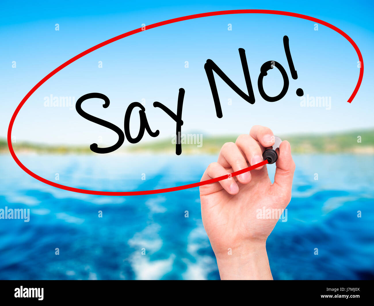 Man Hand writing Say No! with black marker on visual screen. Isolated ...