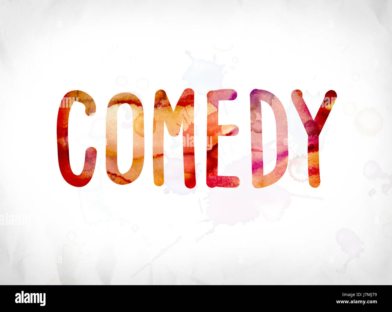 The word Comedy concept and theme painted in colorful watercolors on a ...