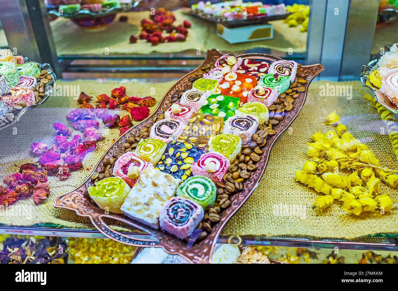 The plate with different variaties of Turkish delight (rahat lokum ...