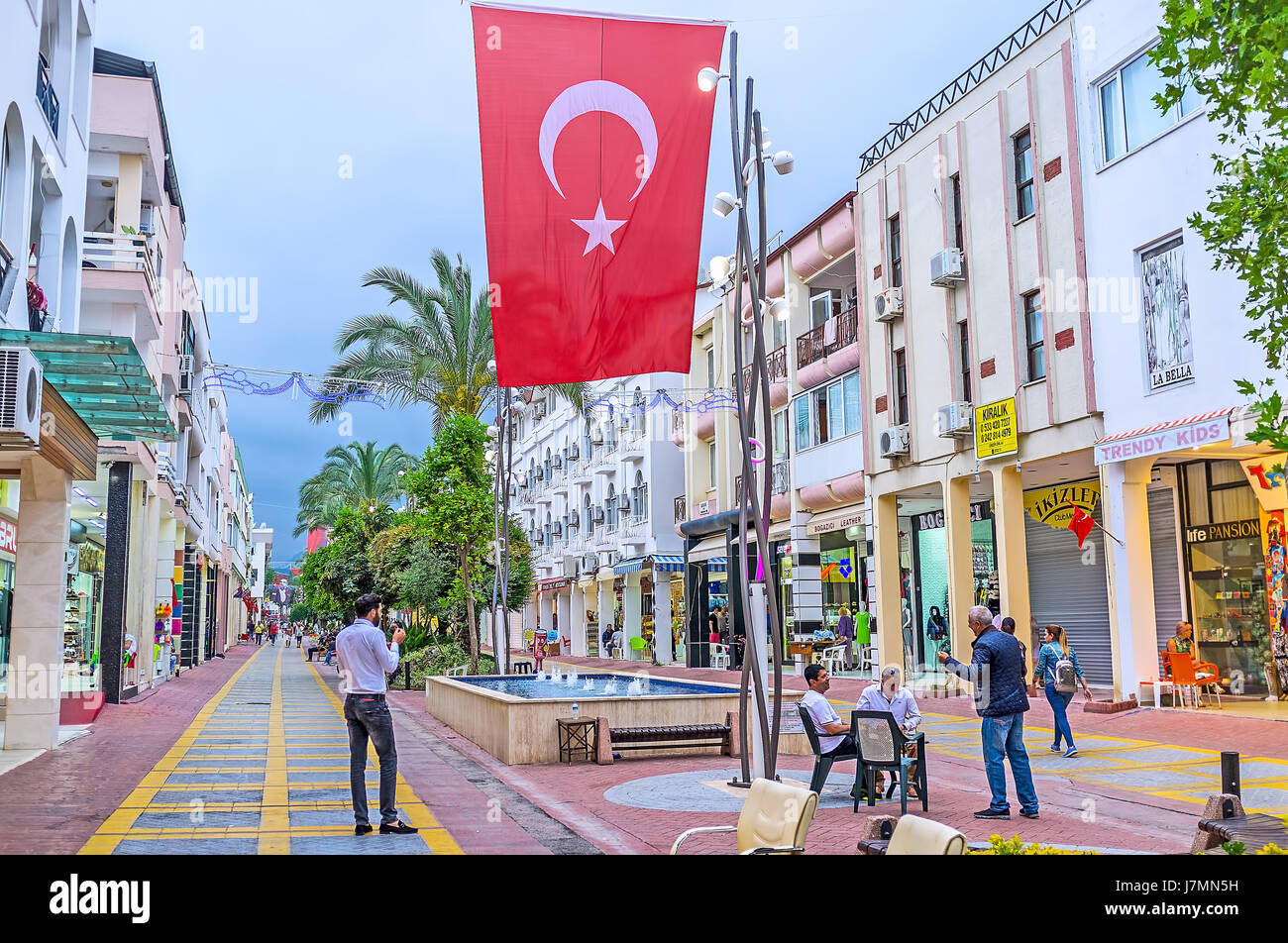 KEMER, TURKEY - MAY 5, 2017: The Munir Ozkul Liman street is the ...