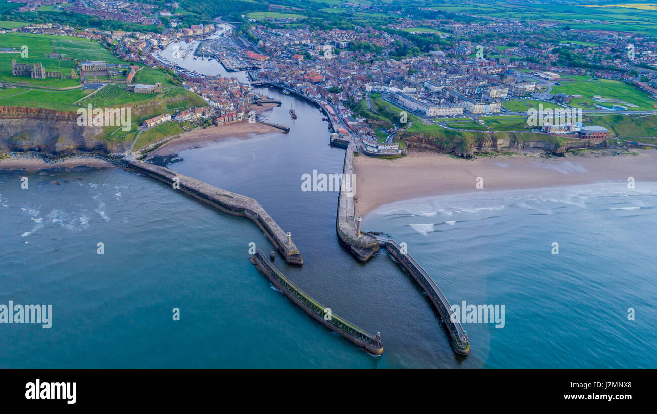 Aerial Photograph of Whitby Harbour and fishing town on the Yorkshire ...
