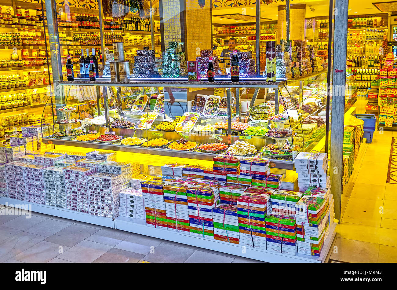 KEMER, TURKEY - MAY 5, 2017: The large showcase and glass walls of ...
