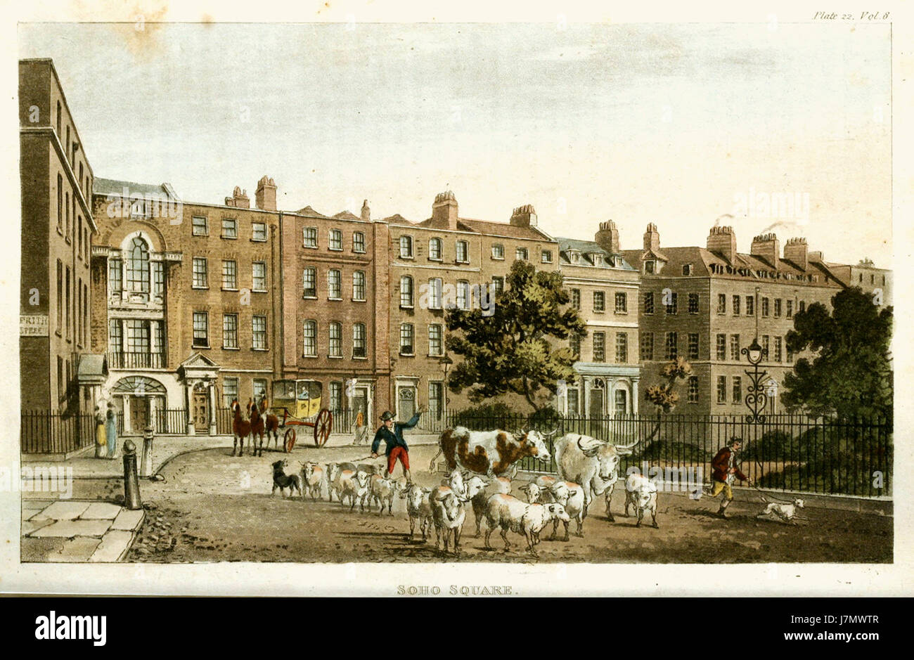 This illustration from 1812 shows Soho Square, a prominent public ...