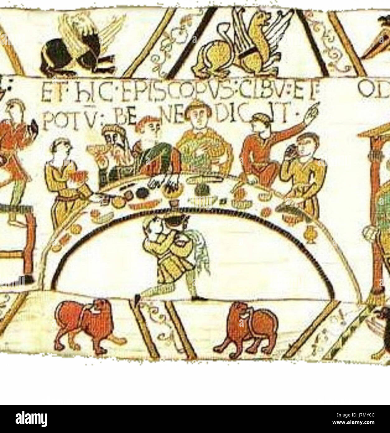 Scene 43b of the Bayeux Tapestry depicts the Battle of Hastings, a ...