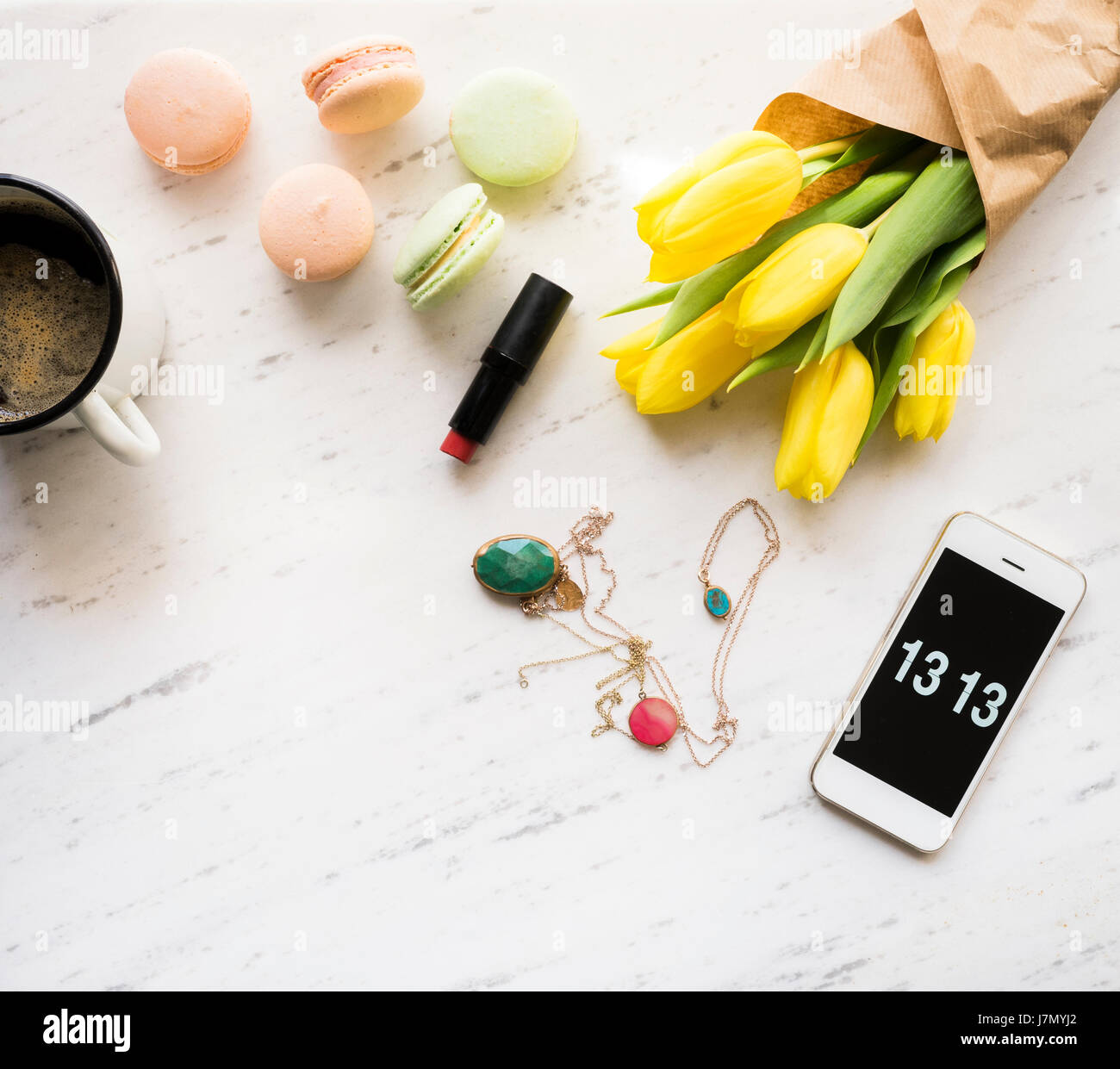Woman accessories on white marble, top view Stock Photo - Alamy