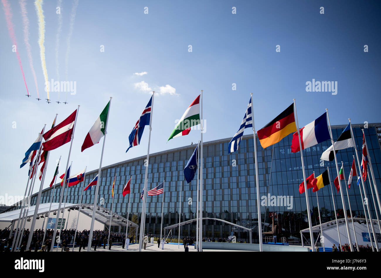 Brussels, Belgium. 25th May, 2017. The flags of the NATO member states ...