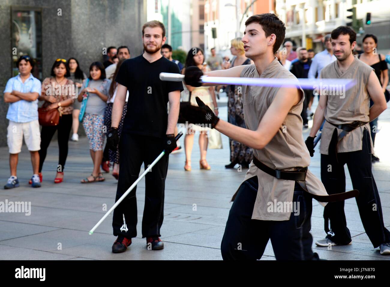 Madrid, Spain. 25th May 2017. Star Wars fans practicing the laser sword ...