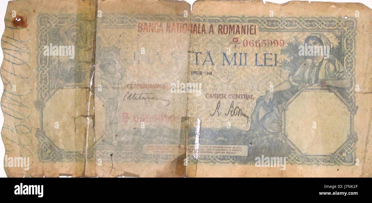 The 100,000 lei note from 1945, issued by Romania, was part of a series ...