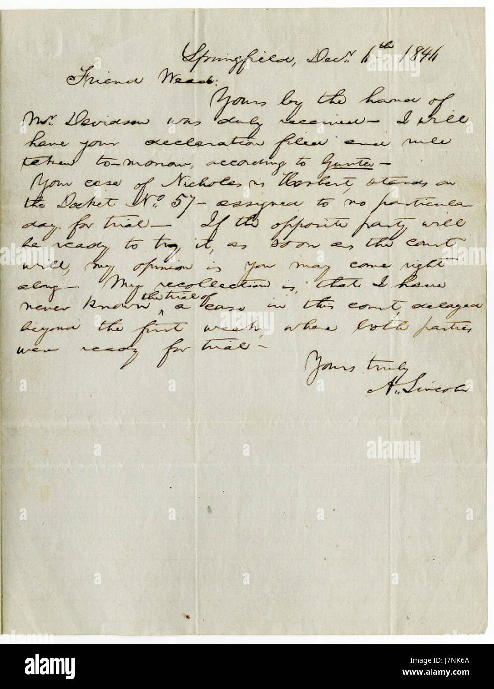 Abraham Lincoln letter to Hezekiah M. Wead 6Dec1846 Stock Photo - Alamy