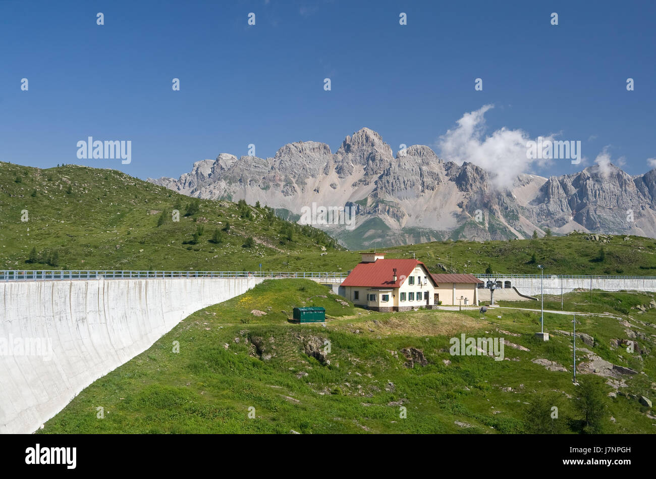 industry dolomites alps dam embankment barrage fresh water lake inland ...