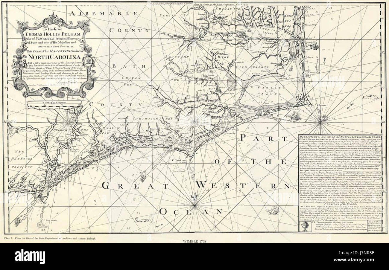A historical map from 1738 of North Carolina, showcasing early colonial ...