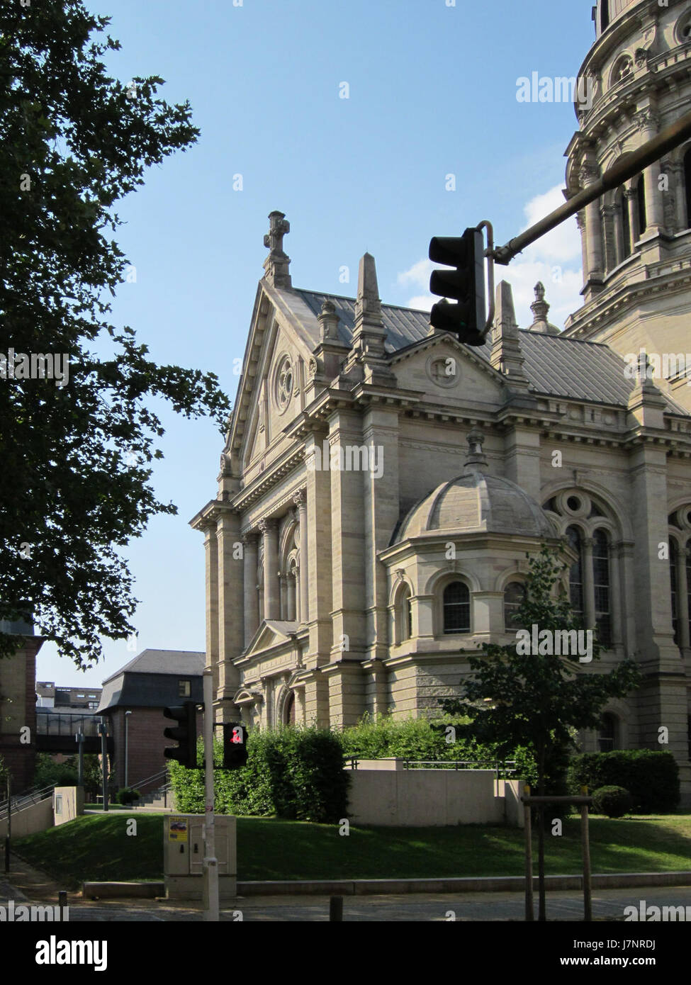 This photograph features Christuskirche in Mainz, Germany, a prominent ...
