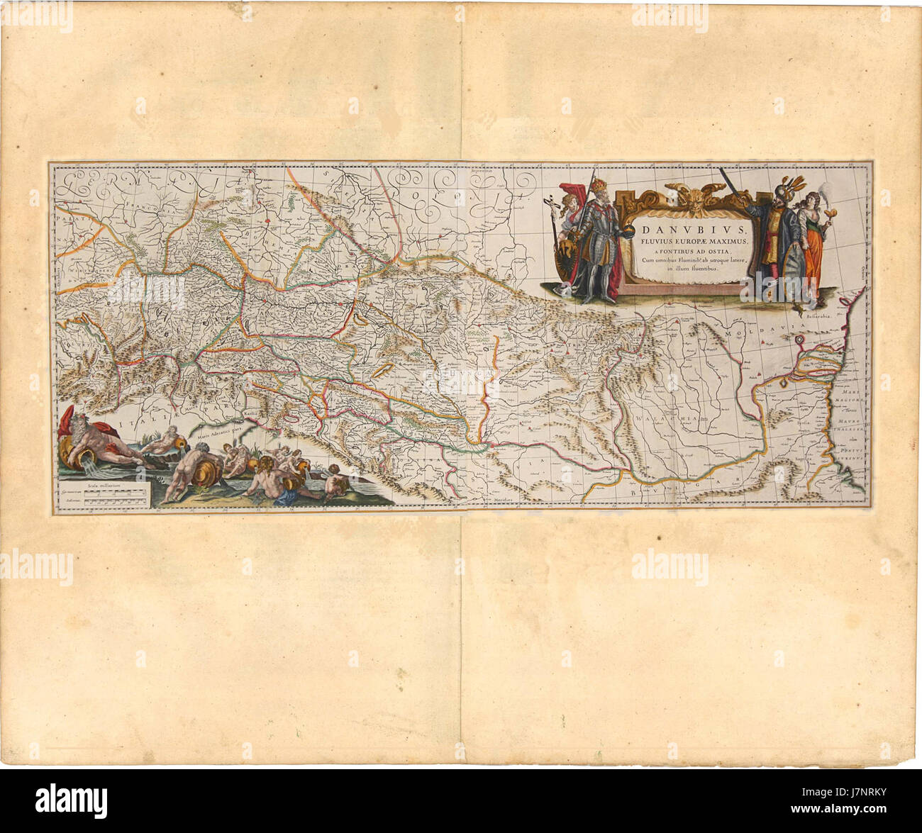 A 1636 map by Janssonius Blaeu, depicting the Danube River and ...
