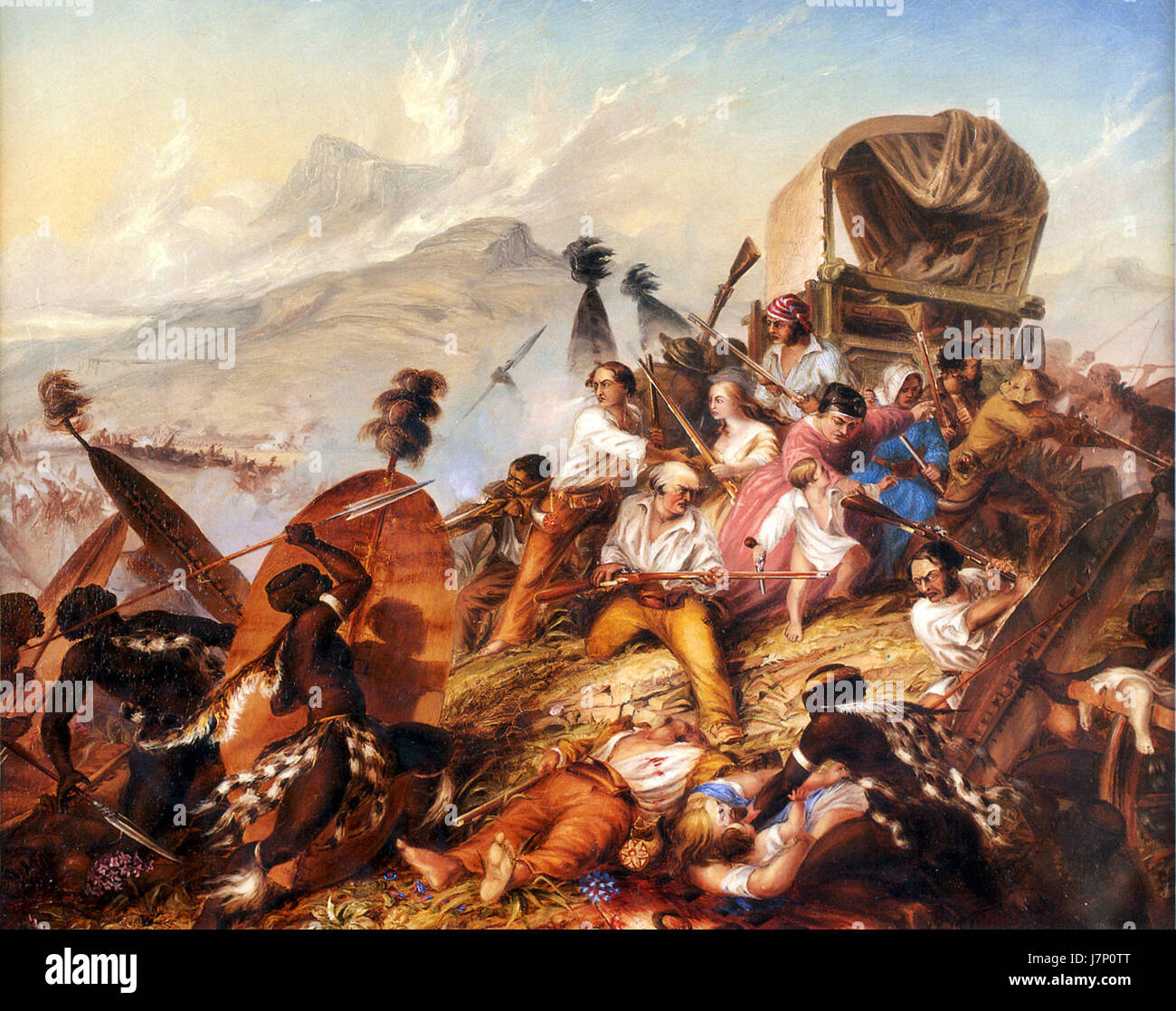 Charles Bell's painting 'Zoeloe aanval op 'n Boerelaer' (Zulu attack on ...