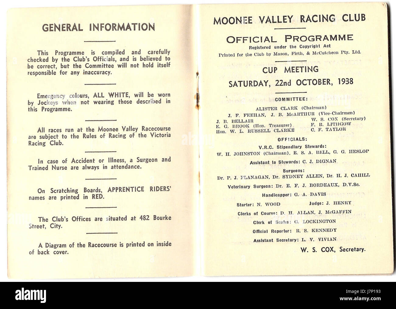 This 1938 racebook features the W.S. Cox Plate, a prestigious horse ...