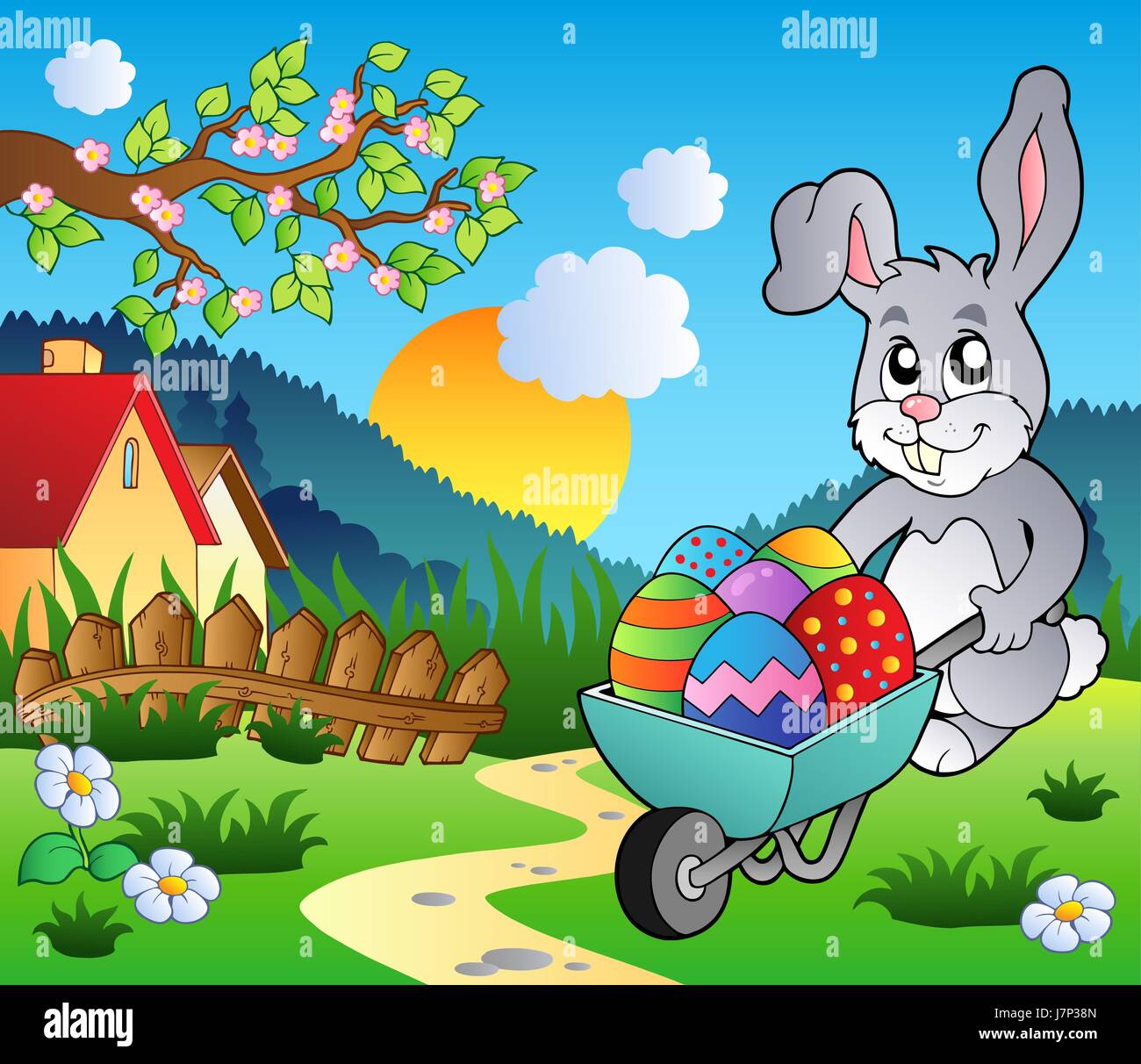 animal pet rodent easter rabbit bunny bunnies wheelbarrow meadow art ...