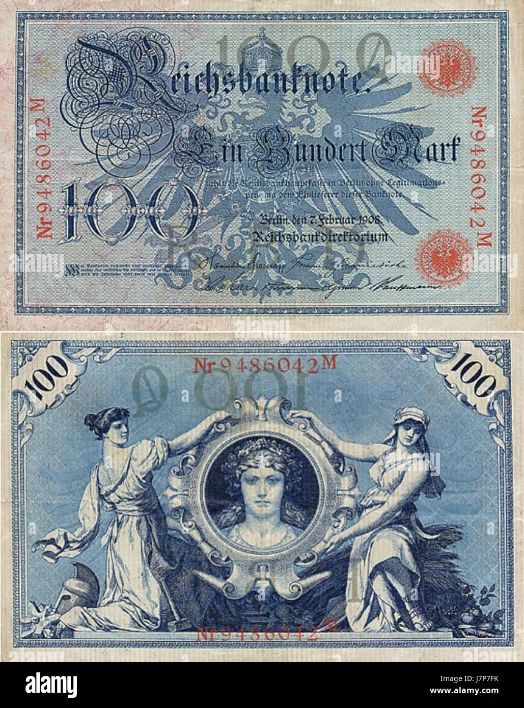 The 100 Mark banknote from 1908, issued by Germany, represents the ...