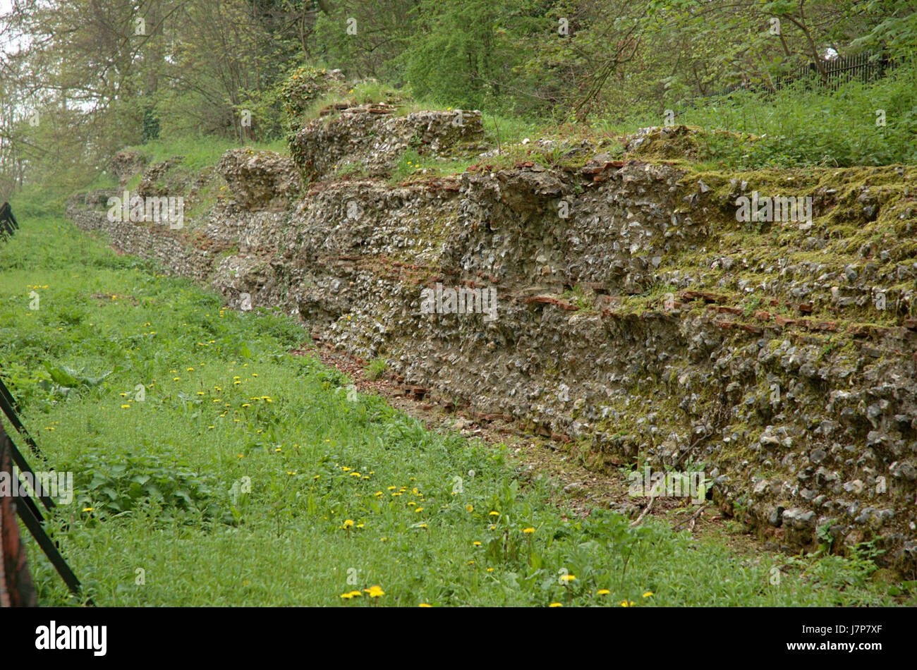 This image depicts the ancient Verulamium wall, located in the Roman ...