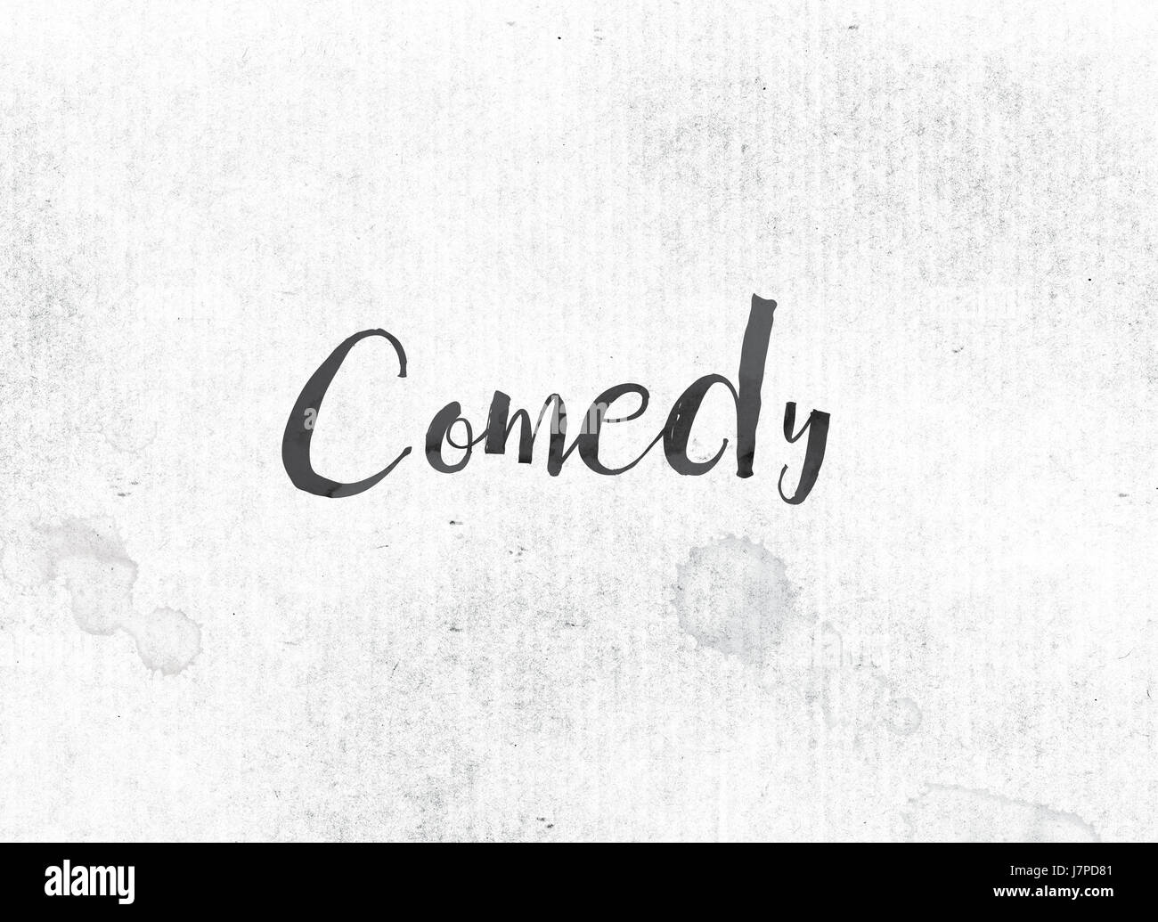 The word Comedy concept and theme painted in black ink on a watercolor ...