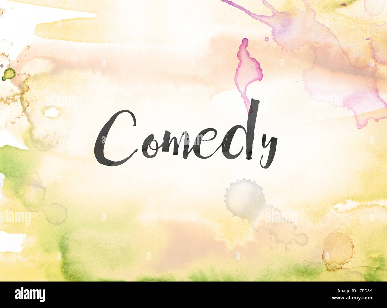 The word Comedy concept and theme written in black ink on a colorful ...