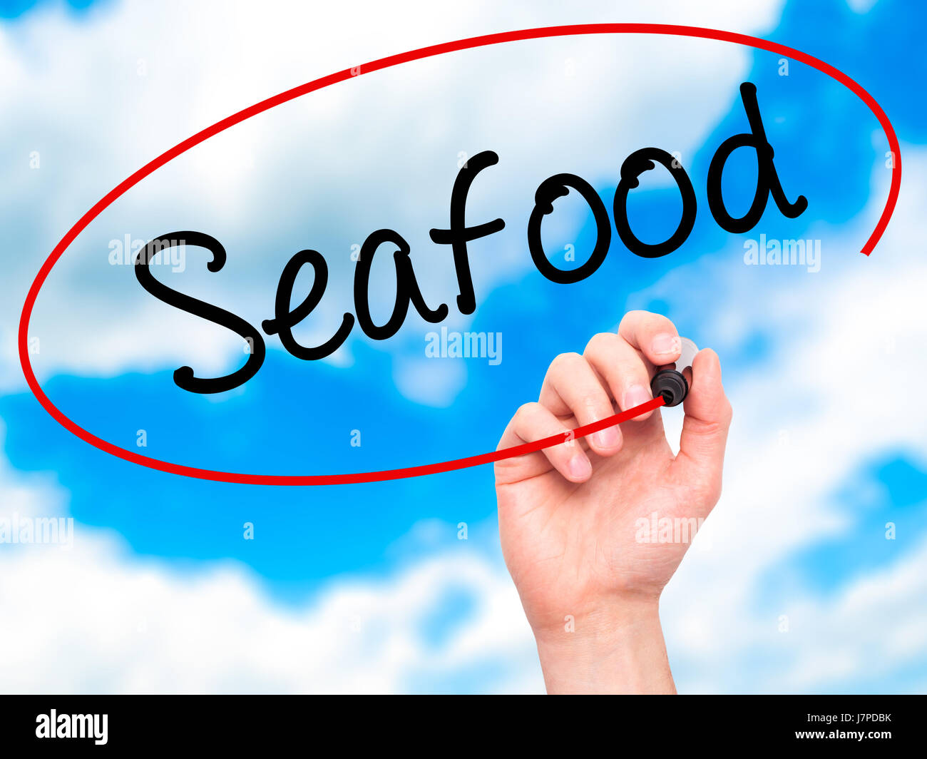 Man Hand writing Seafood with black marker on visual screen. Isolated ...