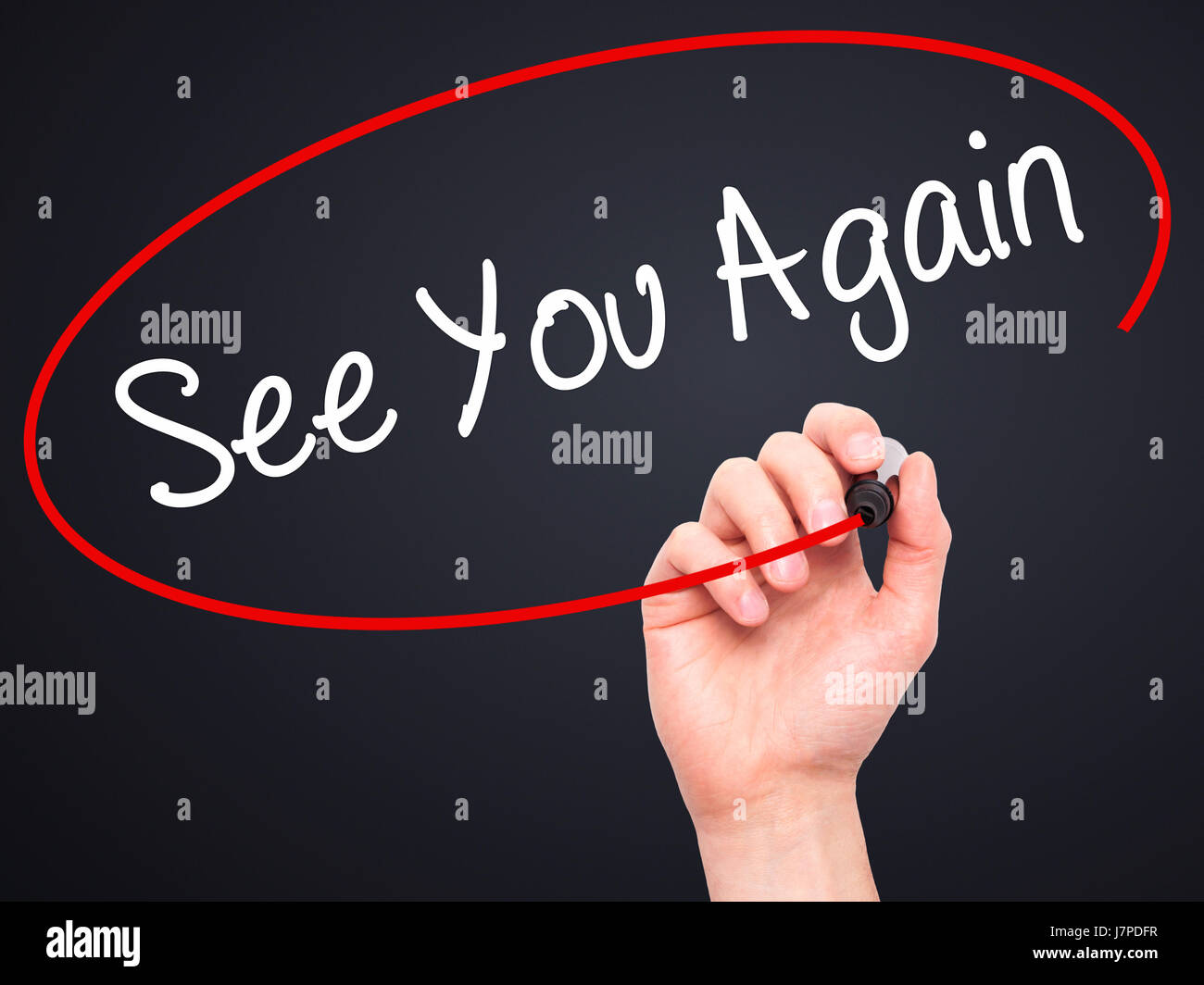 Man Hand writing See You Again with black marker on visual screen ...