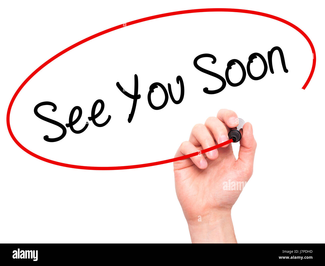 Man Hand writing See You Soon with black marker on visual screen ...