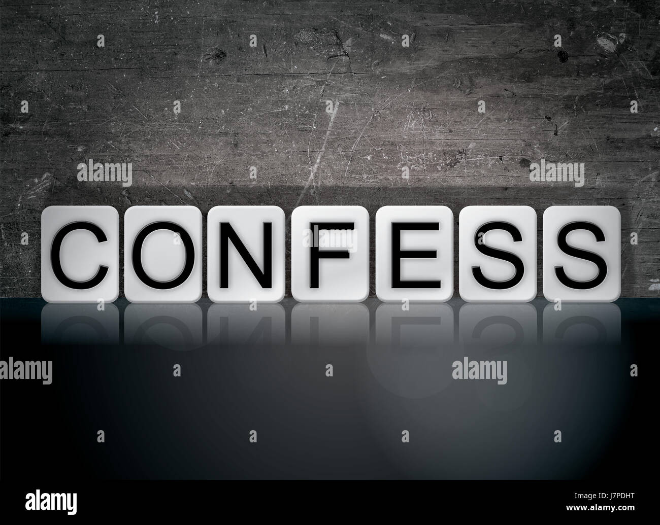 The word Confess concept and theme written in white tiles on a dark ...