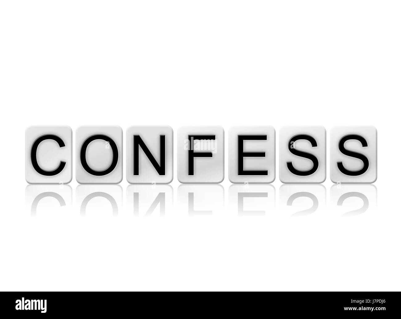 The word Confess concept and theme written in white tiles and isolated ...