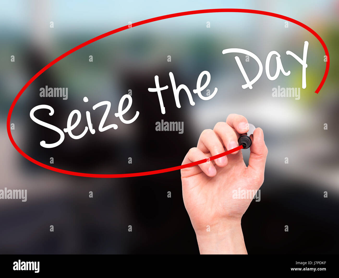Man Hand writing Seize the Day with black marker on visual screen ...