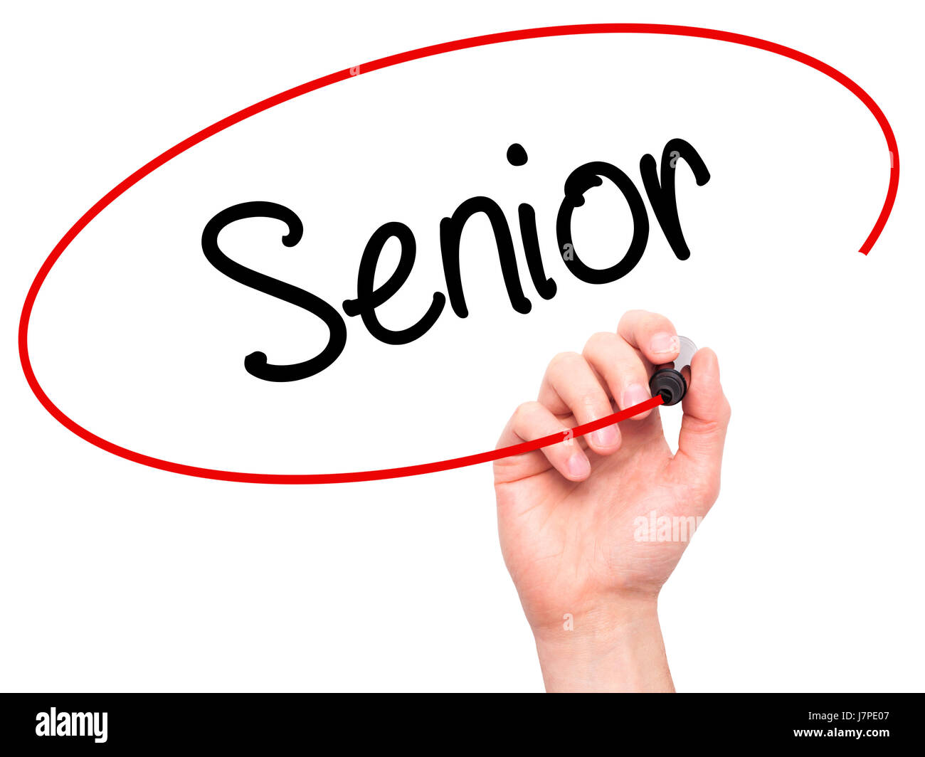 Man Hand writing Senior with black marker on visual screen. Isolated on ...