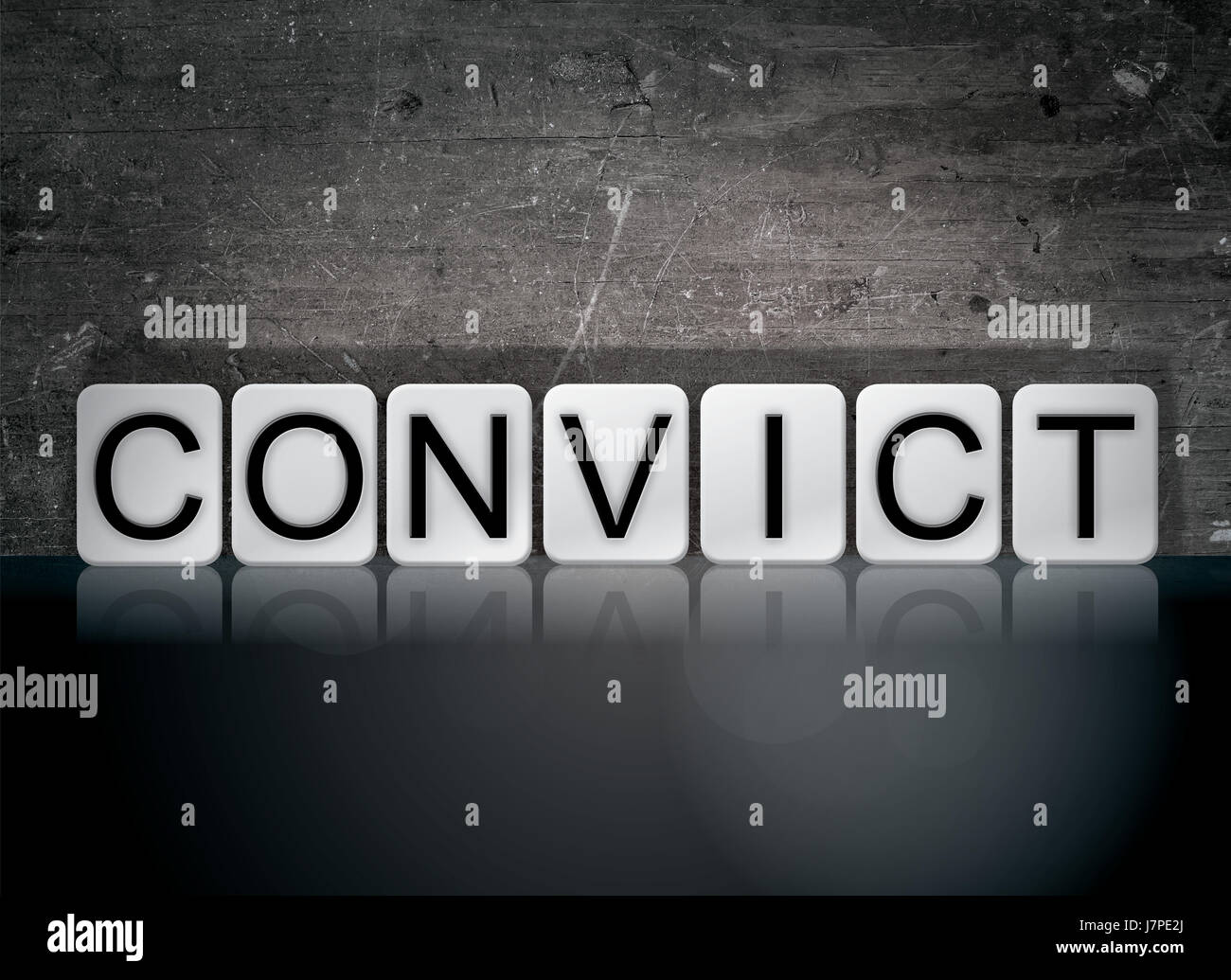 The word Convict concept and theme written in white tiles on a dark ...